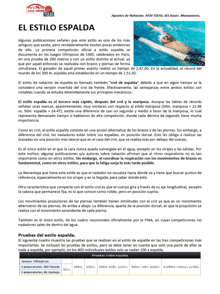 Apuntes Natación. Espalda. Estilo, Viraje y Salida | PDF | Nadando ...