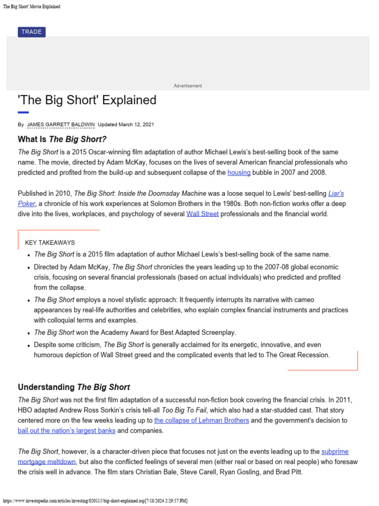 The Big Short: Film Overview and Insights | PDF | Loans ...