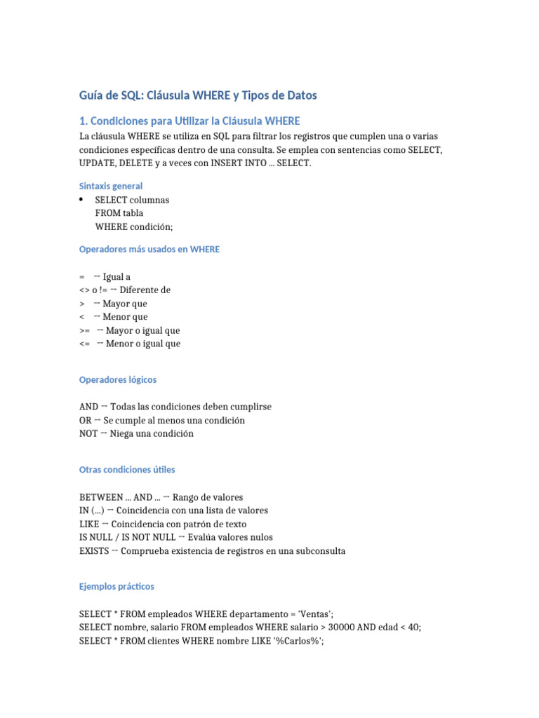 Guía SQL Clausula WHERE y Tipos de Datos | PDF | SQL | Bases de datos