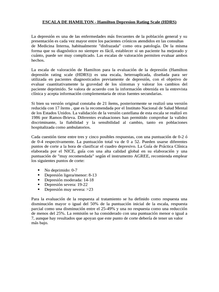 Escala de Hamilton | PDF | Trastorno depresivo mayor | Depresión ...
