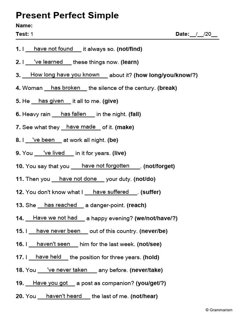 Grammarism Present Perfect Test 1 Solved | PDF