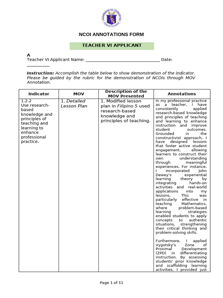 NCOI Annotations Form For Teacher VI Applicant | PDF | Intelligence ...