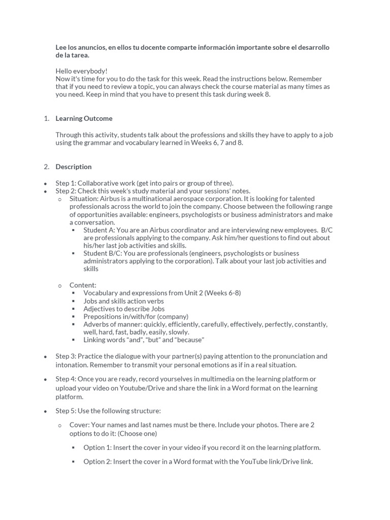 Week 08 - Instructions, Task - My Job Interview | PDF | Adverb ...