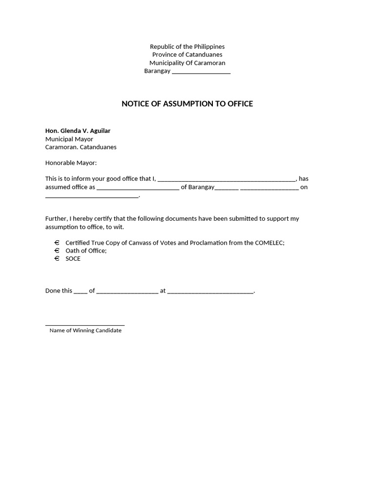 Notice of Assumption to Office Template | PDF
