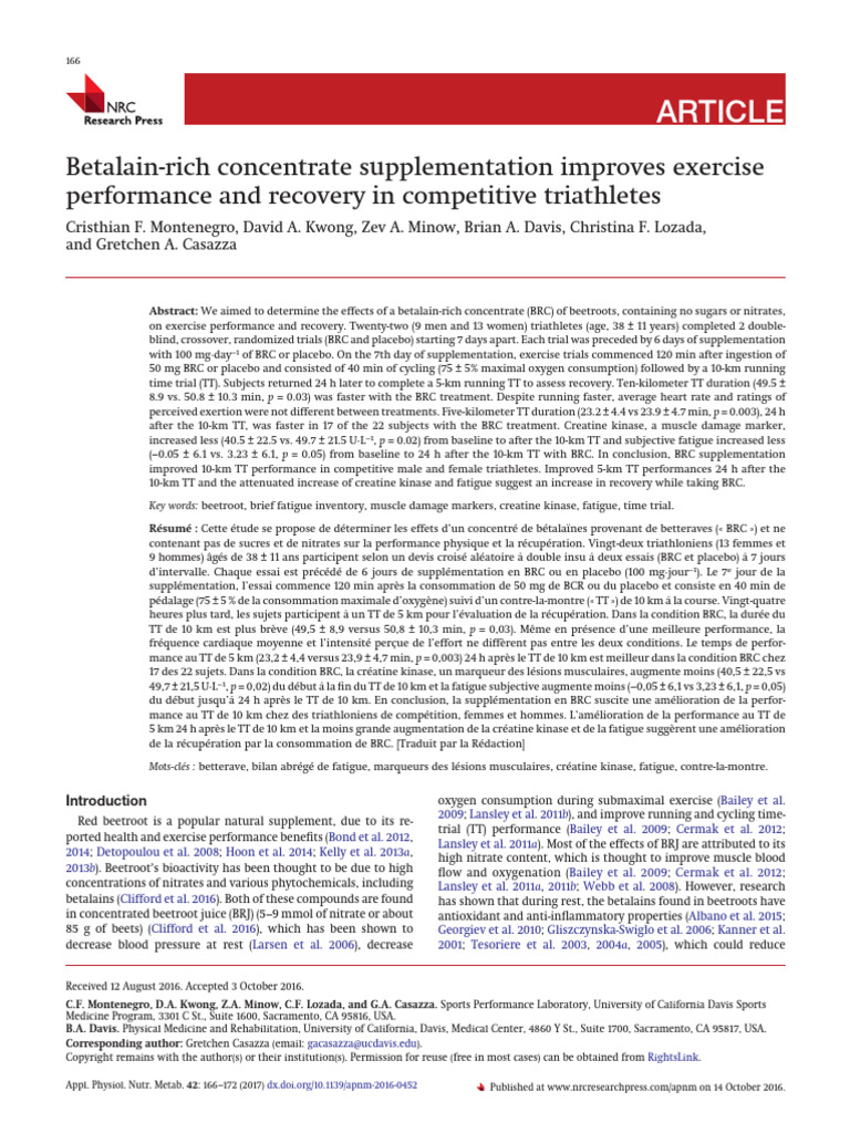 Montenegro Et Al 2016 Betalain Rich Concentrate Supplementation ...