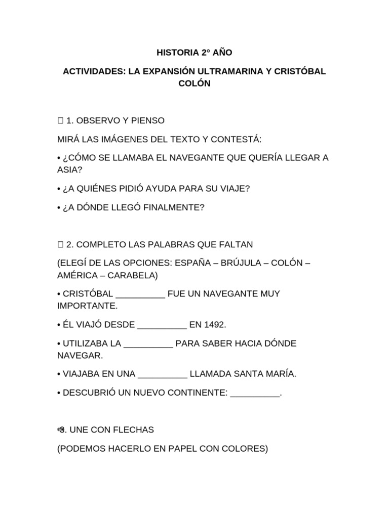 Actividades sobre Cristóbal Colón | PDF