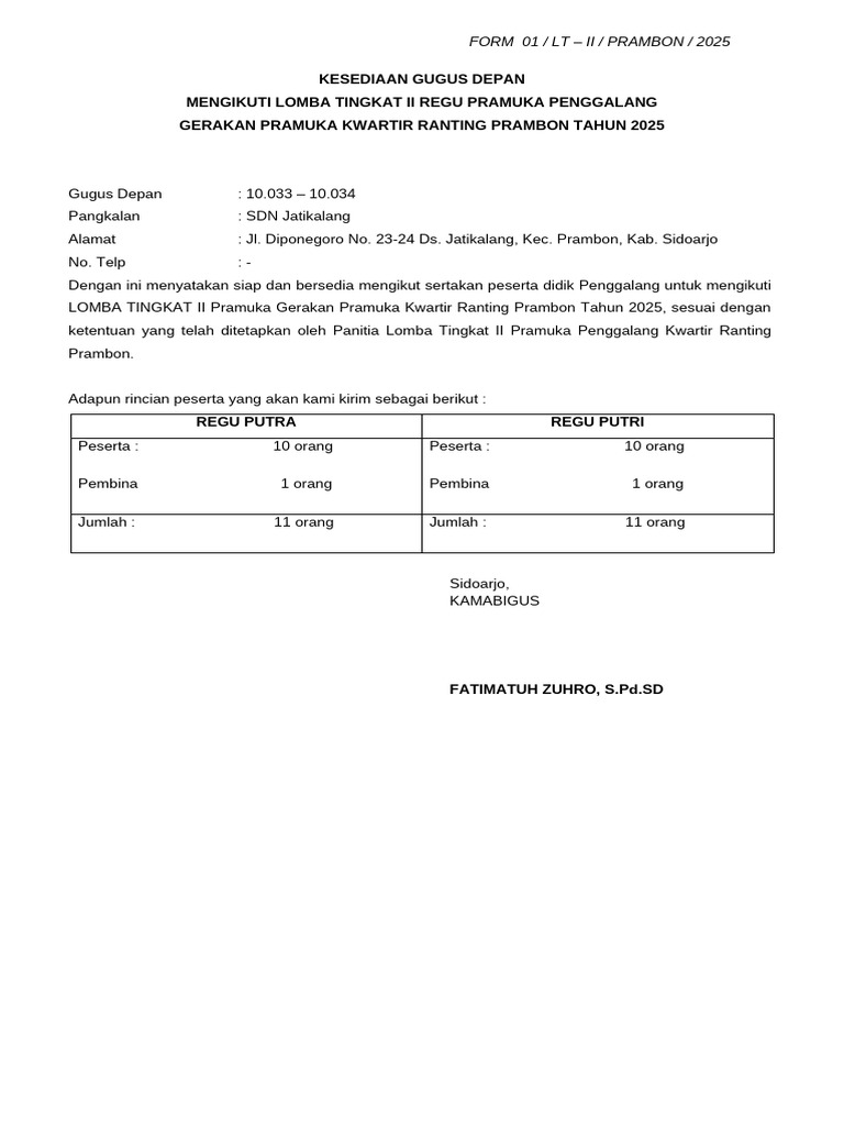 Form Peserta LT II Kwarran Prambon 2025. | PDF