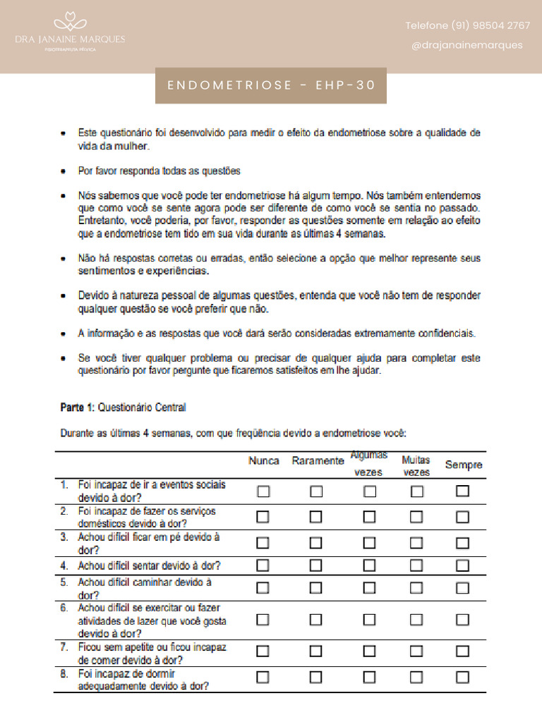 Questionário de Endometriose - EHP-30 | PDF