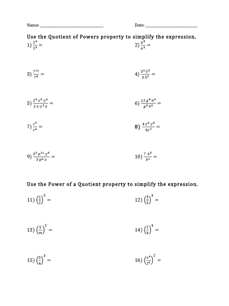 Division Properties of Exponents Homework 1 | PDF