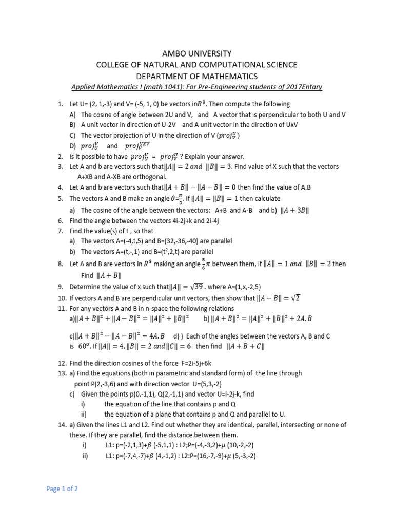 Worksheet-1 - Applied Mathematics I For Pre Eng G | PDF | Line ...