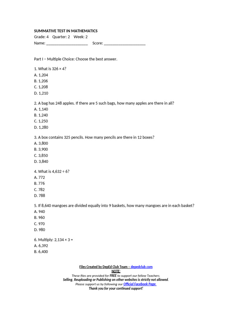 Grade 4 Math Summative Test | PDF | Division (Mathematics) | Discrete ...