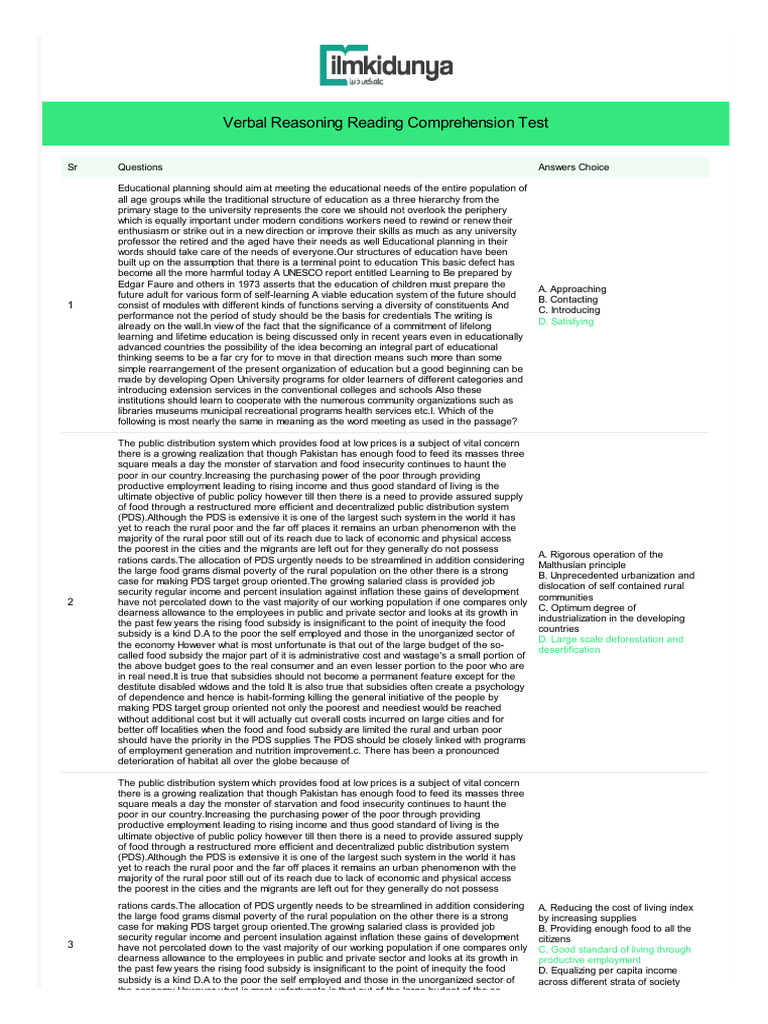 Verbal Reasoning Comprehension Test | PDF | Cost Of Living | Poverty