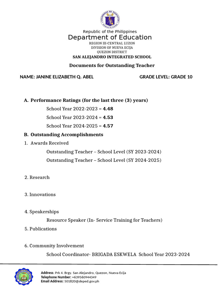 Outstanding Teacher Document for Janine Abel | PDF | Chess Openings | Chess