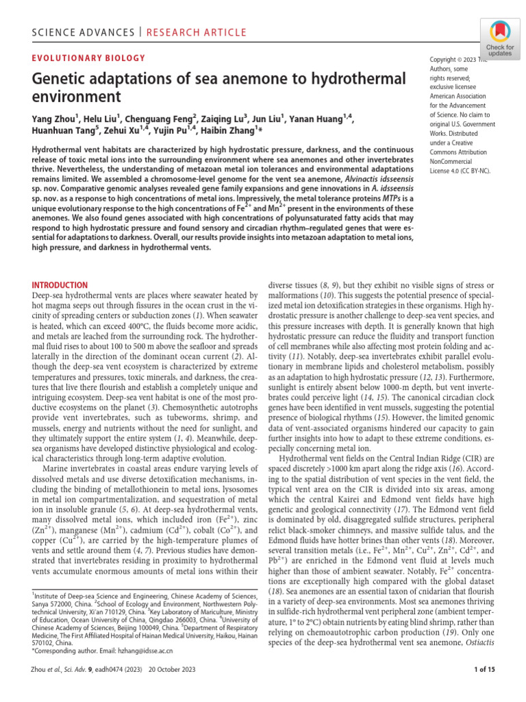 2023 - Genetic Adaptations of Sea Anemone To Hydrothermal Environment ...