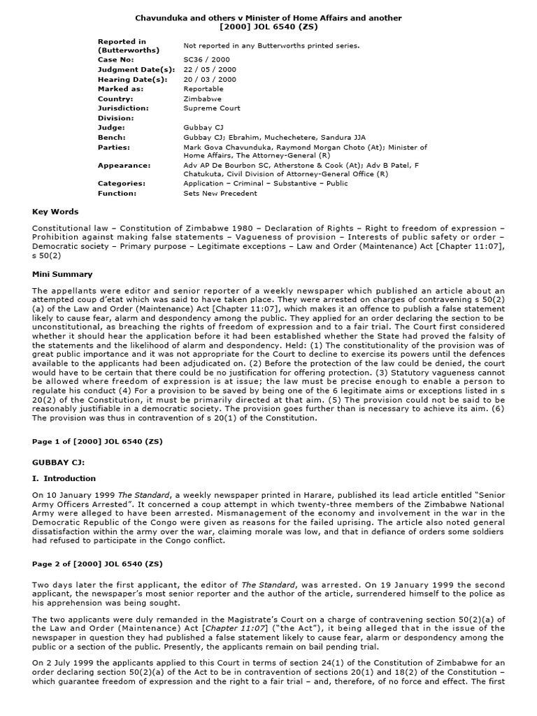 Chavunduka V Minister of Home Affairs Zimbabwe9610 | PDF | Defamation ...