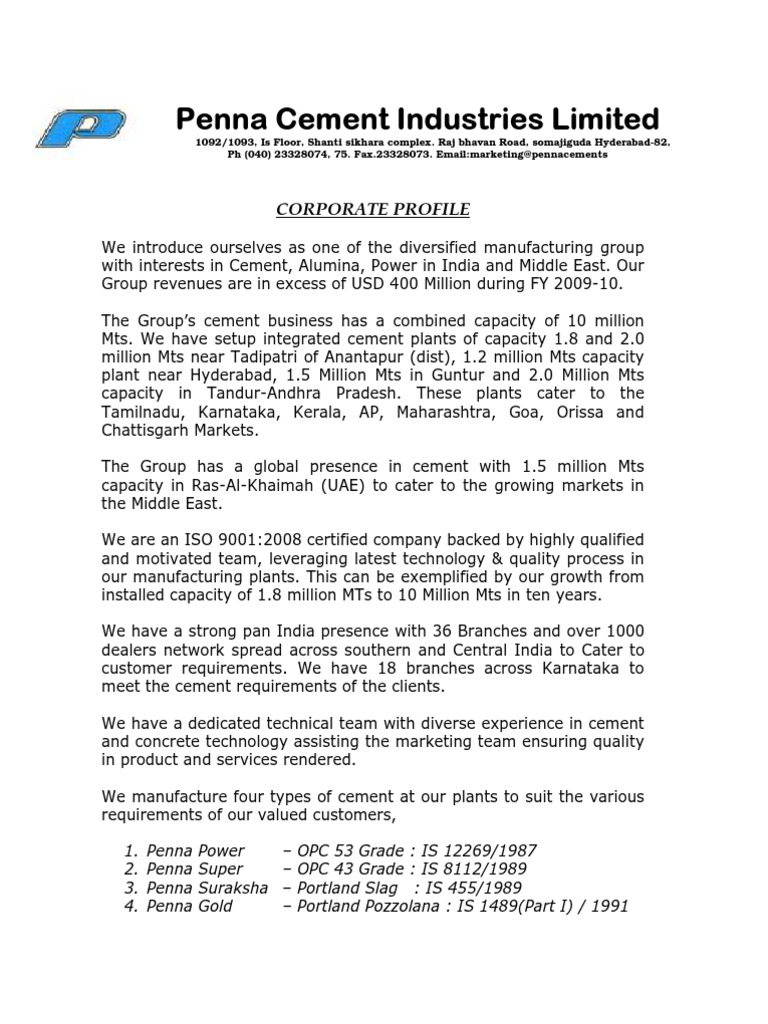 Penna Cement Corporate Profile | PDF | Cement | Concrete