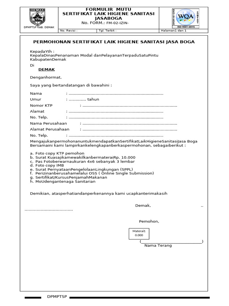 Permohonan Sertifikat Higiene Sanitas Jasa Boga | PDF