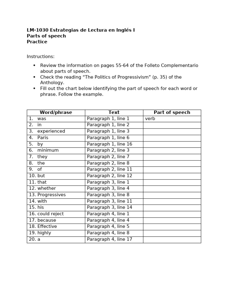 LM-1030 Parts of Speech Practice In-Class | PDF