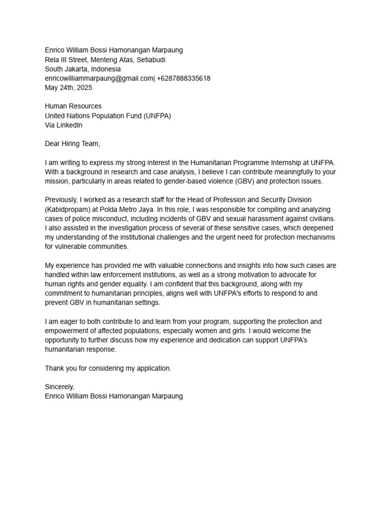 Cover Letter - Enrico W. B. H. Marpaung - UNFPA Humanitariam Programme ...