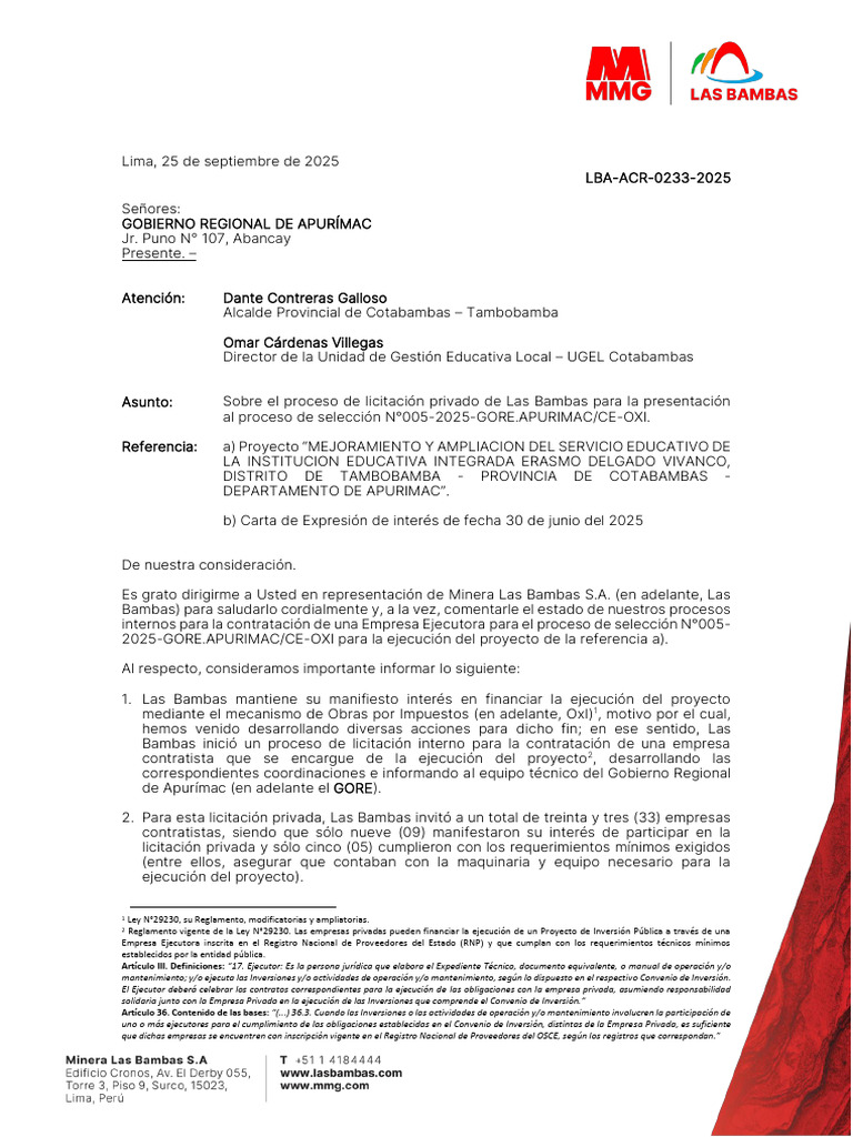 Carta No. LBA-ACR-233-2025 - MP + UGEL Cotabambas - Estado Proceso EDV ...