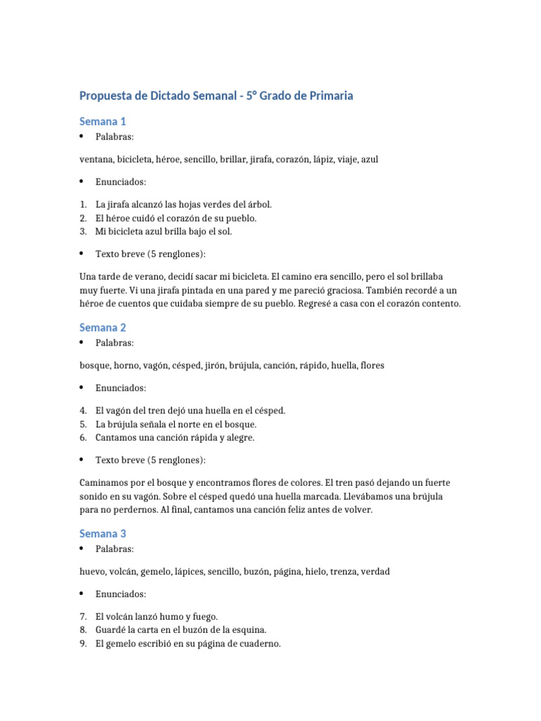 Dictados Semanales para 5° Grado | PDF