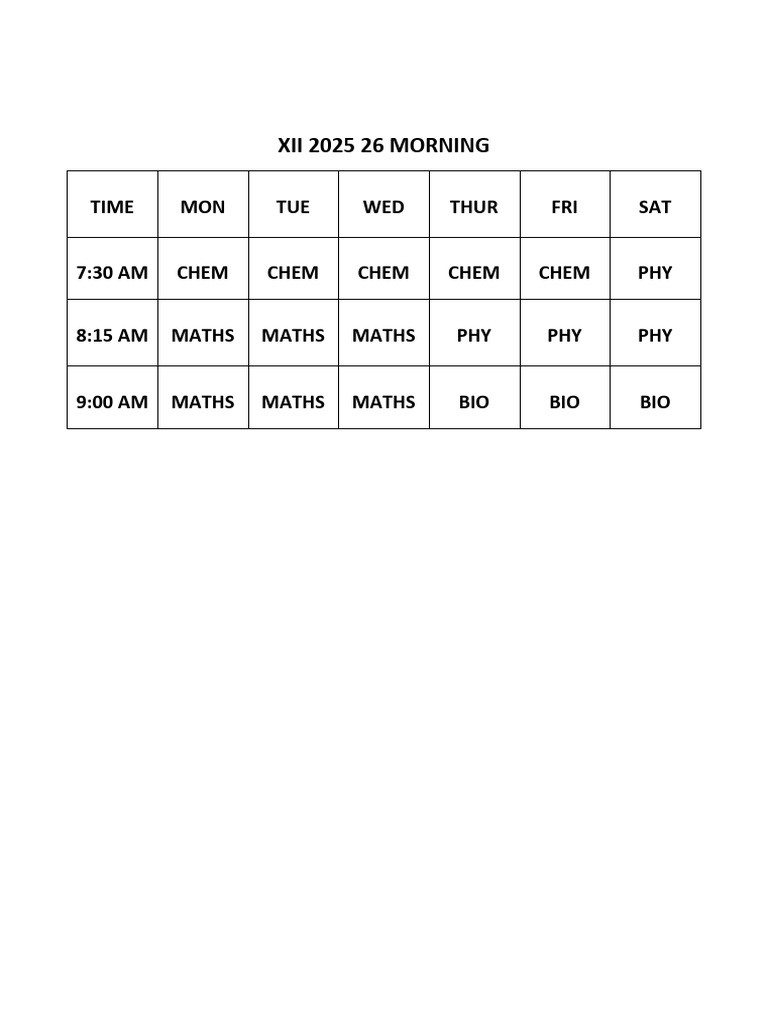 New Time Table Xii Morn | PDF