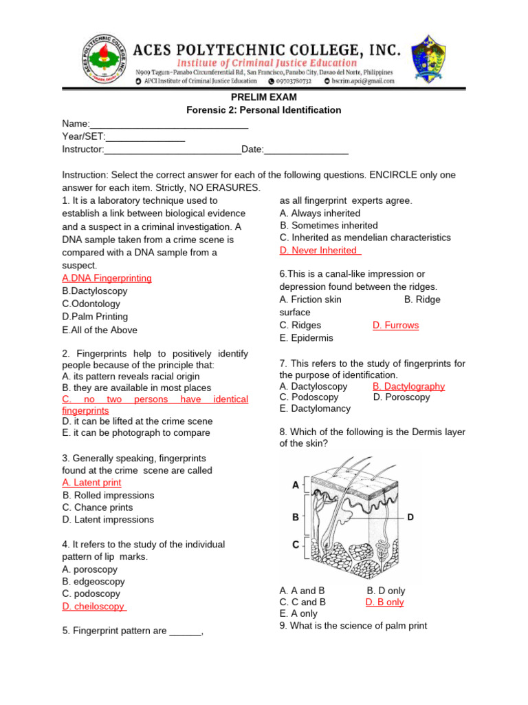 Personal Identification Prelim Exam Student | PDF | Fingerprint | Forensic Science