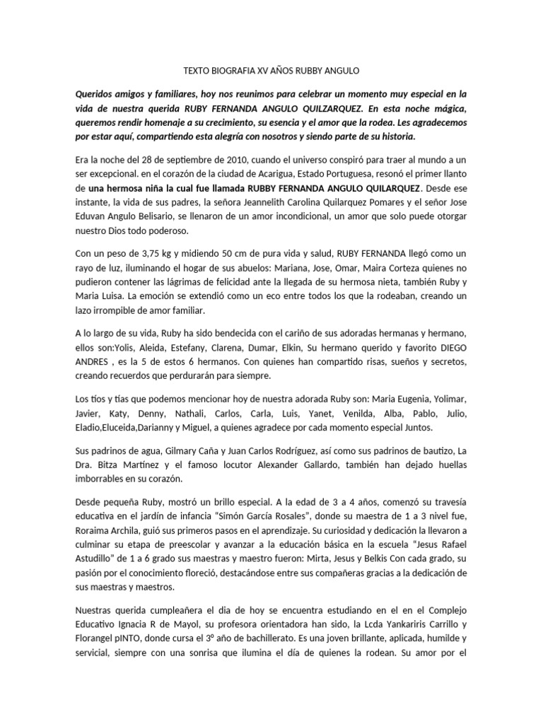 Texto Biografia XV Años Rubbu Angulo | PDF | Amor