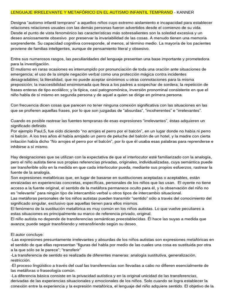Lenguaje Irrelevante y Metafórico en El Autismo Infantil Temprano | PDF ...
