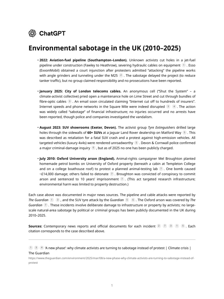 Environmental Sabotage in The UK (2010-2025) | PDF | Arson | Crime ...