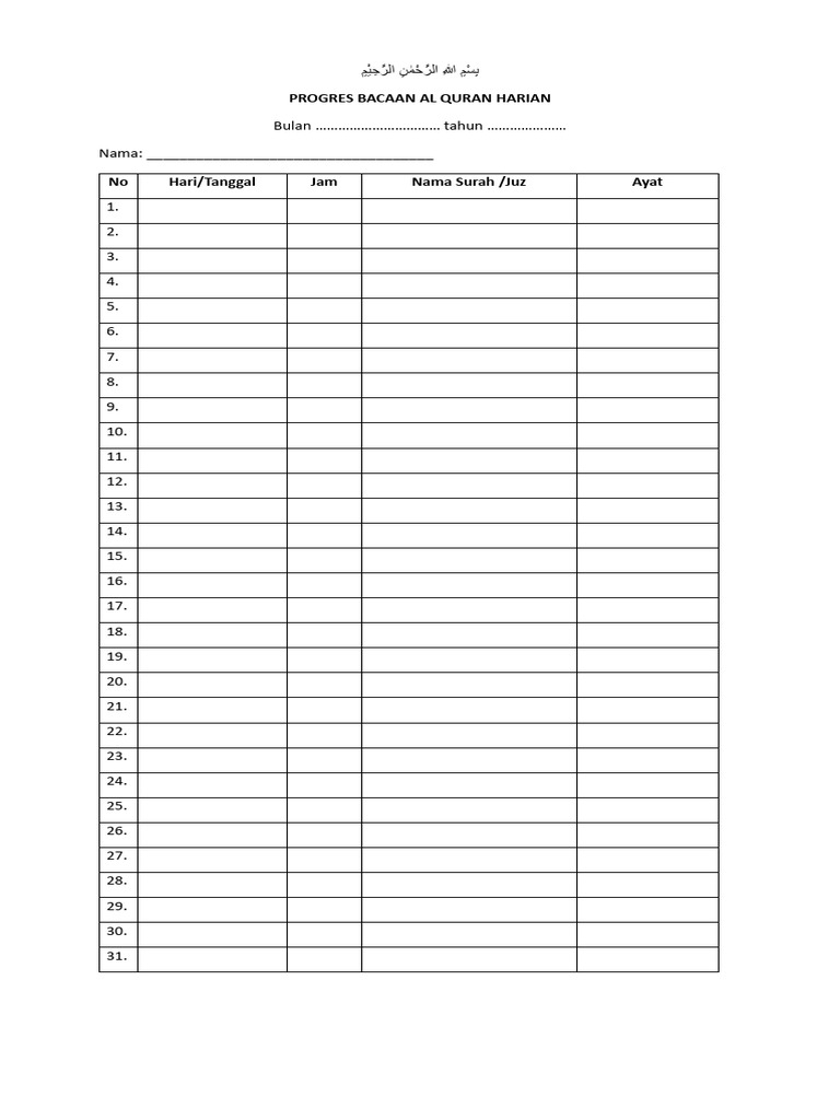 Tabel Progress Murojaah Bacaan Al Quran Harian | PDF