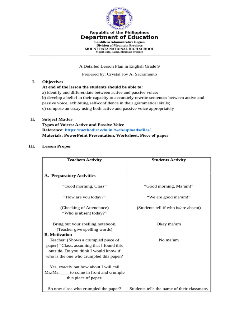 Grade 9 Lesson Plan: Active & Passive Voice | PDF | Subject (Grammar ...