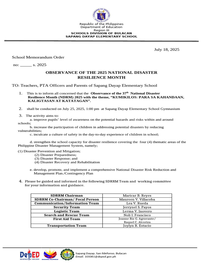 Sample Memo Minutes of Meeting Program of Activities National Disaster ...