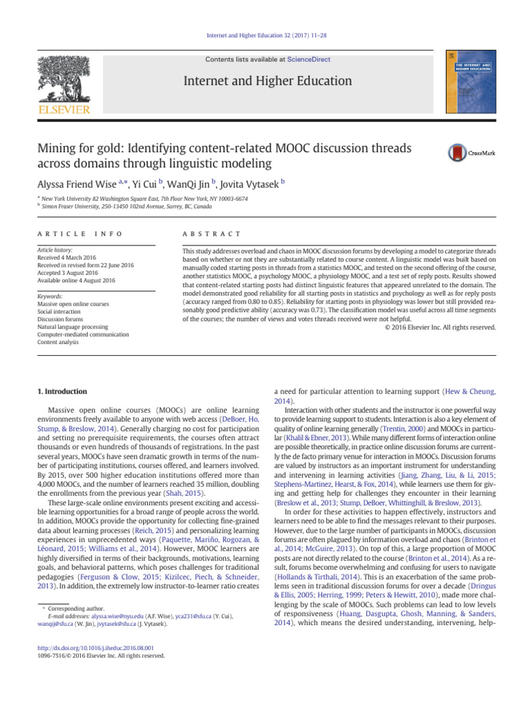 Mining For Gold: Identifying Content-Related MOOC Discussion Threads ...