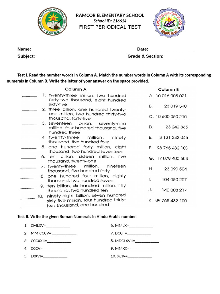 Ramcor Elementary First Periodical Test | PDF