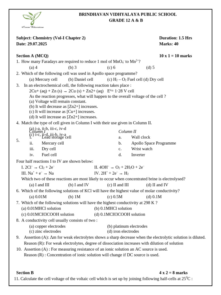 Grade 12 Chemistry Exam: Electrochemistry | PDF | Electrochemistry ...