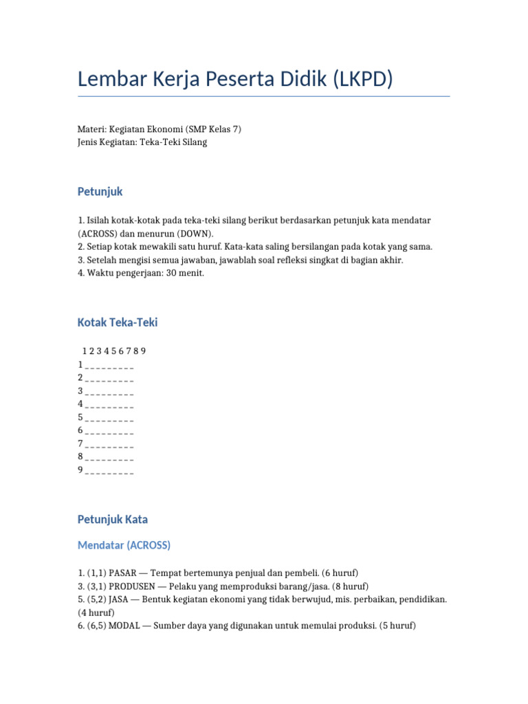 LKPD Teka Teki Silang Kegiatan Ekonomi | PDF