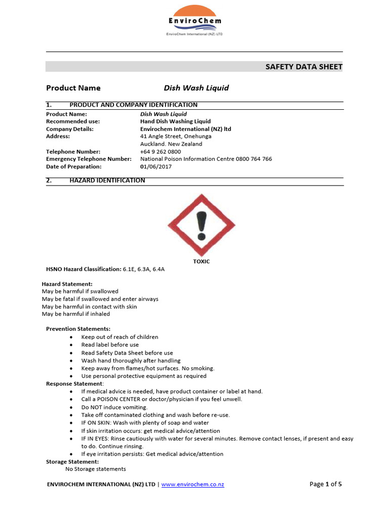 Hand Dish Wash Liquid SDS | PDF | Dangerous Goods | Occupational Safety ...