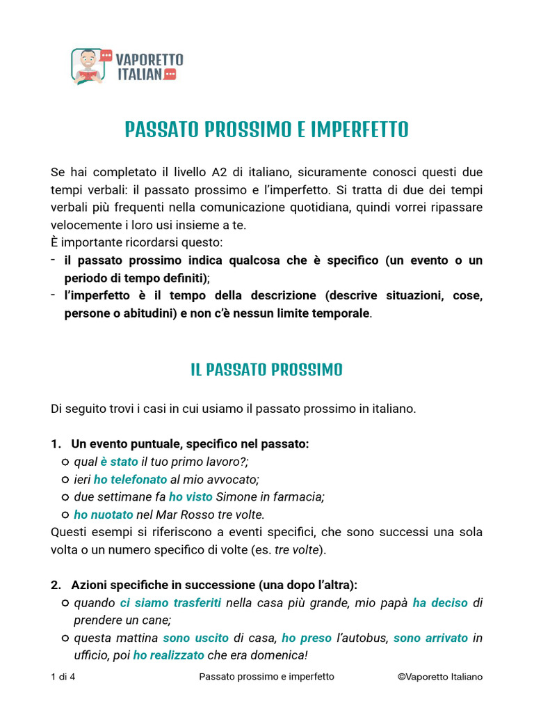 Passato Prossimo e Imperfetto | PDF