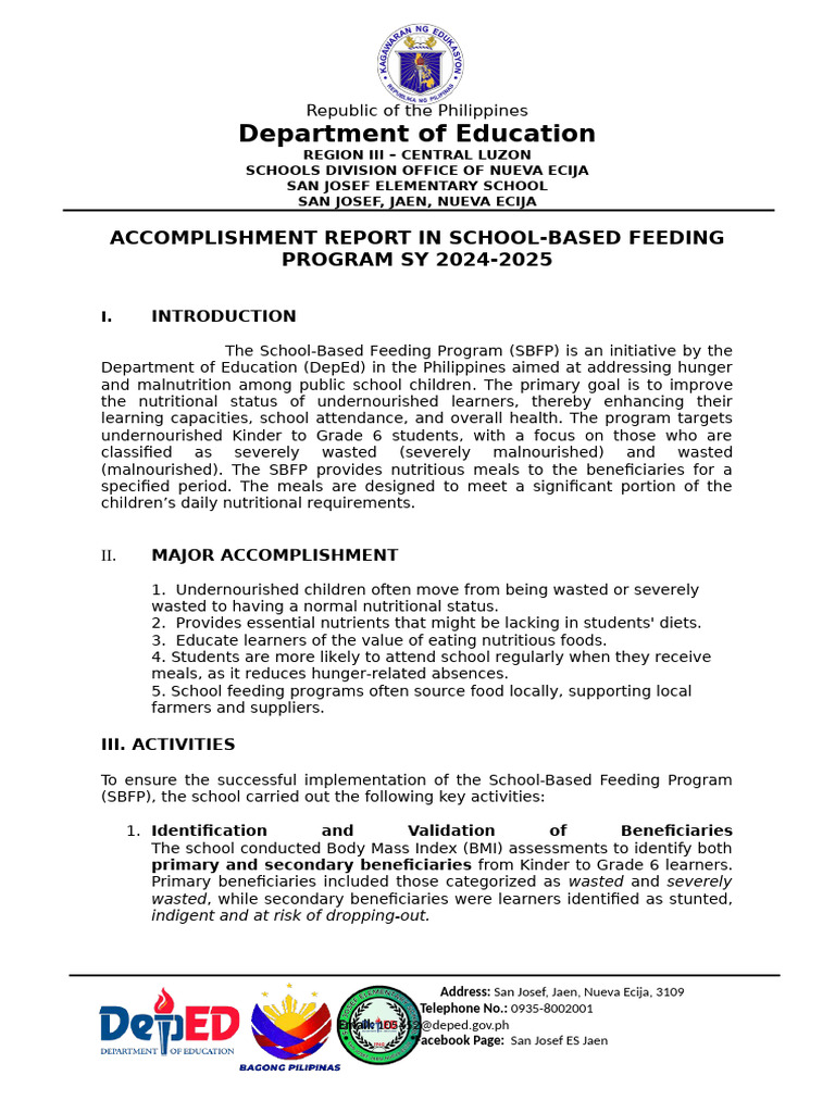 School-Based Feeding Program Report 2024 | PDF | Malnutrition | Nutrition