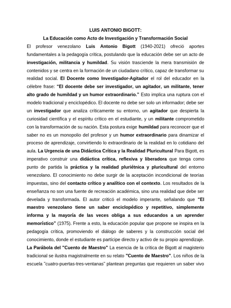 Bigott: Educación Crítica y Transformadora | PDF | Maestros | Enseñando