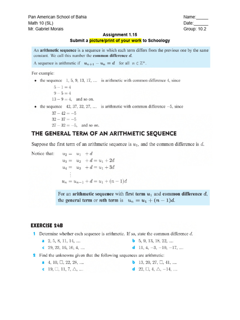 1.15 - Book Assignment Arithmetic Sequences - Unit 2 | PDF