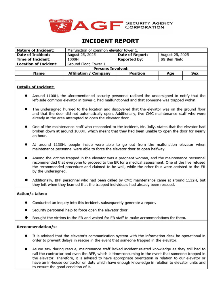 Elevator Malfunction Incident Report | PDF | Elevator