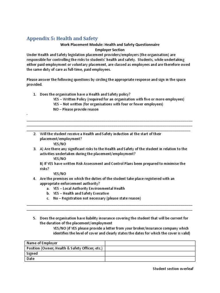 Health and Safety Questionnaire | PDF | Employment | Occupational ...
