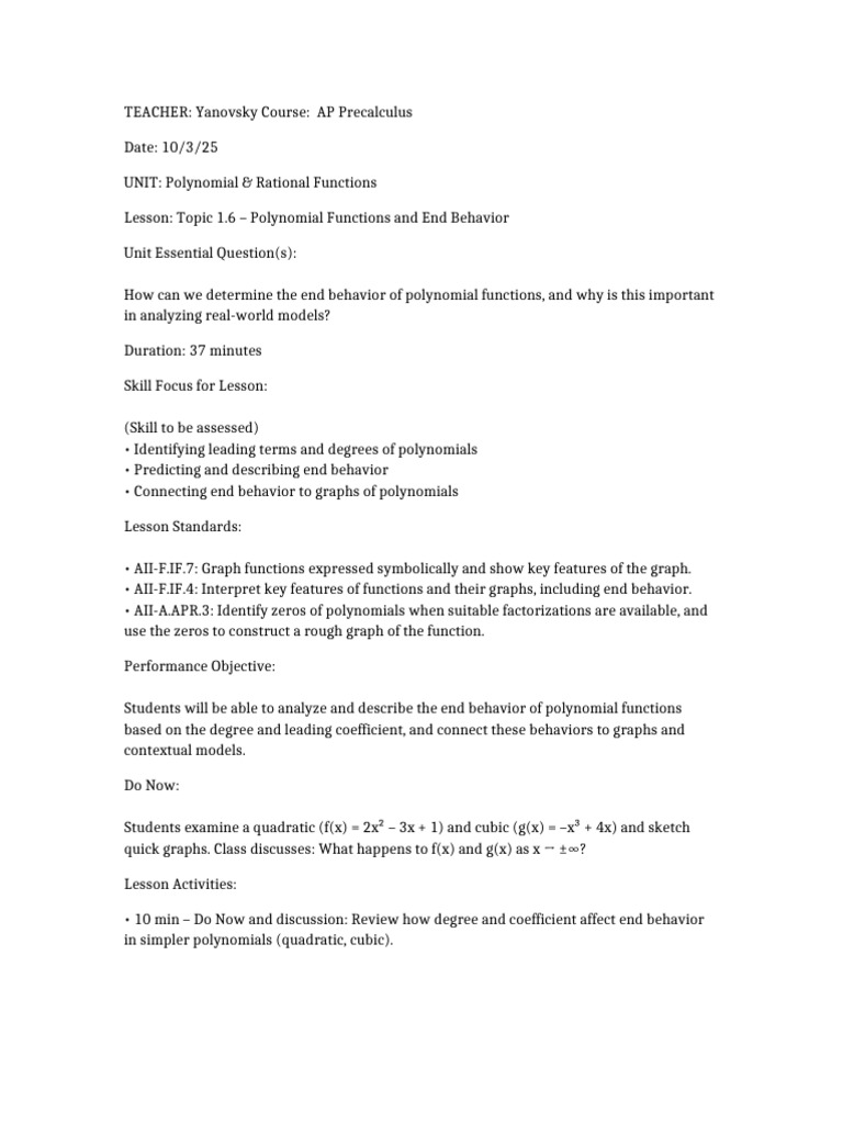 AP Precalc LessonPlan Topic1.6 | PDF | Polynomial | Factorization