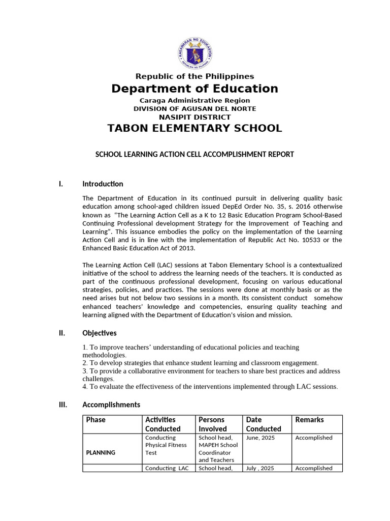 Tabon Es Slac Accomplishment Report 2025 2026 | PDF | Teachers | Behavior Modification
