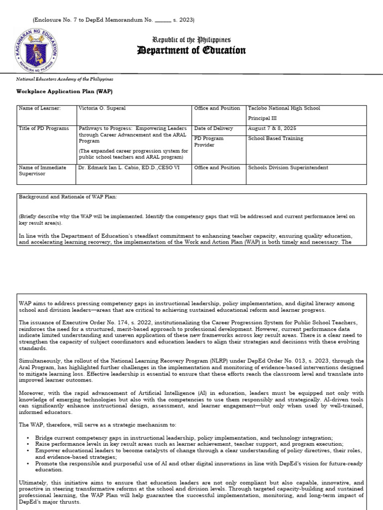 Enclosure No. 7 Sample Workplace Application Plan WAP Template | PDF | Learning | Mentorship