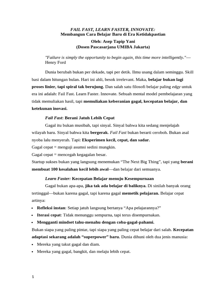 FAIL FAST, LEARN FASTER, InNOVATE- Membangun Cara Belajar Baru Di Era Ketidakpastian | PDF
