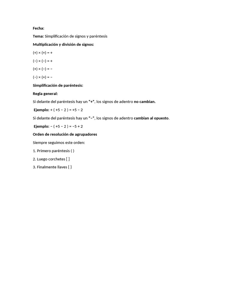 Simplificación de Signos y Paréntesis Cuaderno | PDF