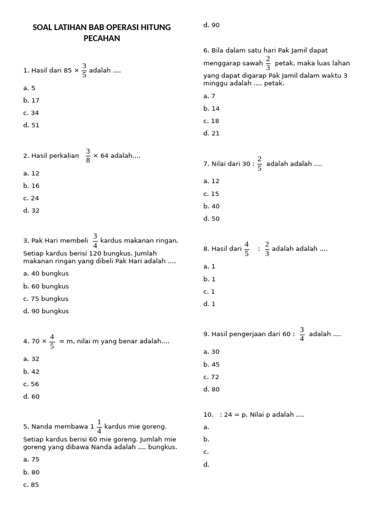 Soal Latihan Bab Operasi Hitung Pecahan Dan Rasio | PDF